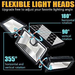 DooLv Security Solar Motion Lights Outdoor, 214 LEDs 1500LM Spot Flood Light-Wide Adjustable 360° 3 Heads with 3 Modes, Wireless Motion Sensor 35ft- IP65 Waterproof Solar Powered 2200mah (2 Pack)