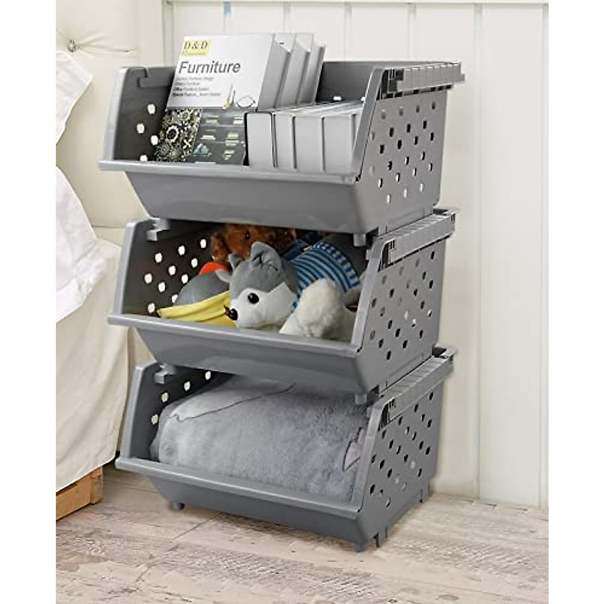 Nesmilers 3-pack Stackable Storage Baskets, Plastic Stacking Organizer Bins