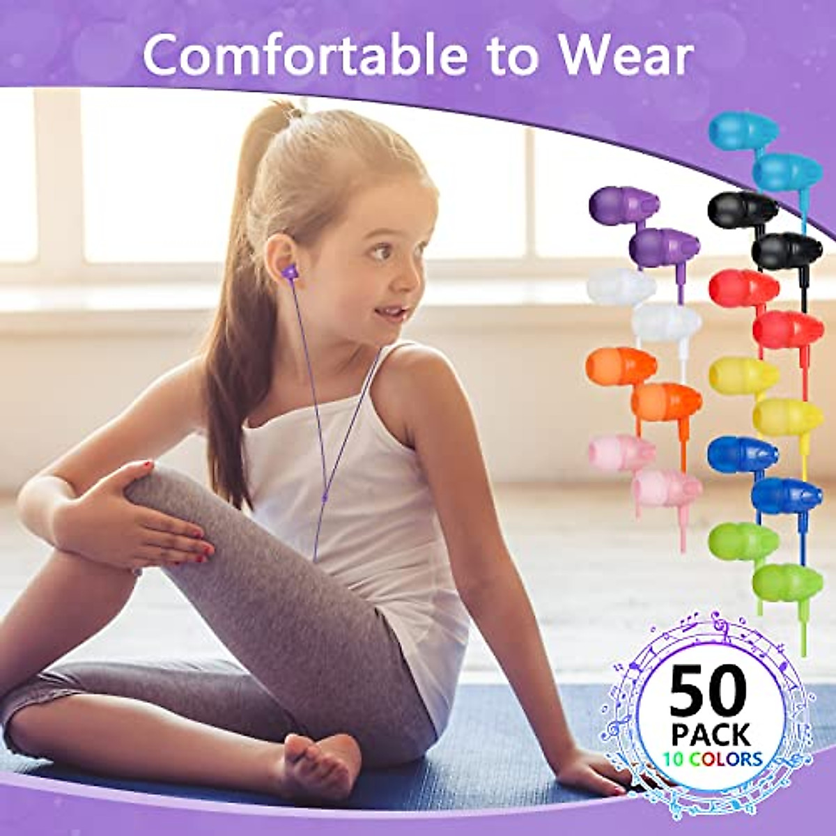 TJZXGUI Kids Bulk Earbud Headphones 50 Pack Multi Colored,Individually Bagged,Wholesale Disposable Earphones Perfect for School Classroom Libraries Students (50Mixed)