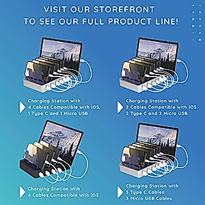 Hercules Tuff Charging Station for Multiple Devices - 6 Ports - (4) iOS Compatible, (1) USB-C & (1) Micro USB Cable for Cell Phones, Smart Phones, Tablets, and Electronics, Blue