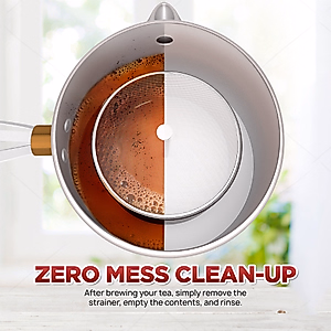 BruChai Brewer - Classic Chai Brewing Pot with Built-In Mesh Strainer - No-Mess Brewing Vessel with Non-Stick Coating - Patented Handy Brew & Pour Steel Teapot with Burn-Proof Handle