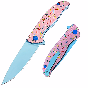 AMSOTTA Pink Sprinkle Donut Knife, Sharp Folding Pocket Knives for Men Women, G10 Handle M390 Blade EDC Knife with Pocket Clip