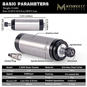 CNC Spindle Motor Kit, MYSWEETY 110V 2.2KW Water Cooled Spindle Motor + 2.2KW Single to 3 Phase VDF+110v Water Pump + 3.15 Inch Clamp + 196 Inch Water Pipe + 40 Inch Electric Wire+ 13pcs ER20 Collet