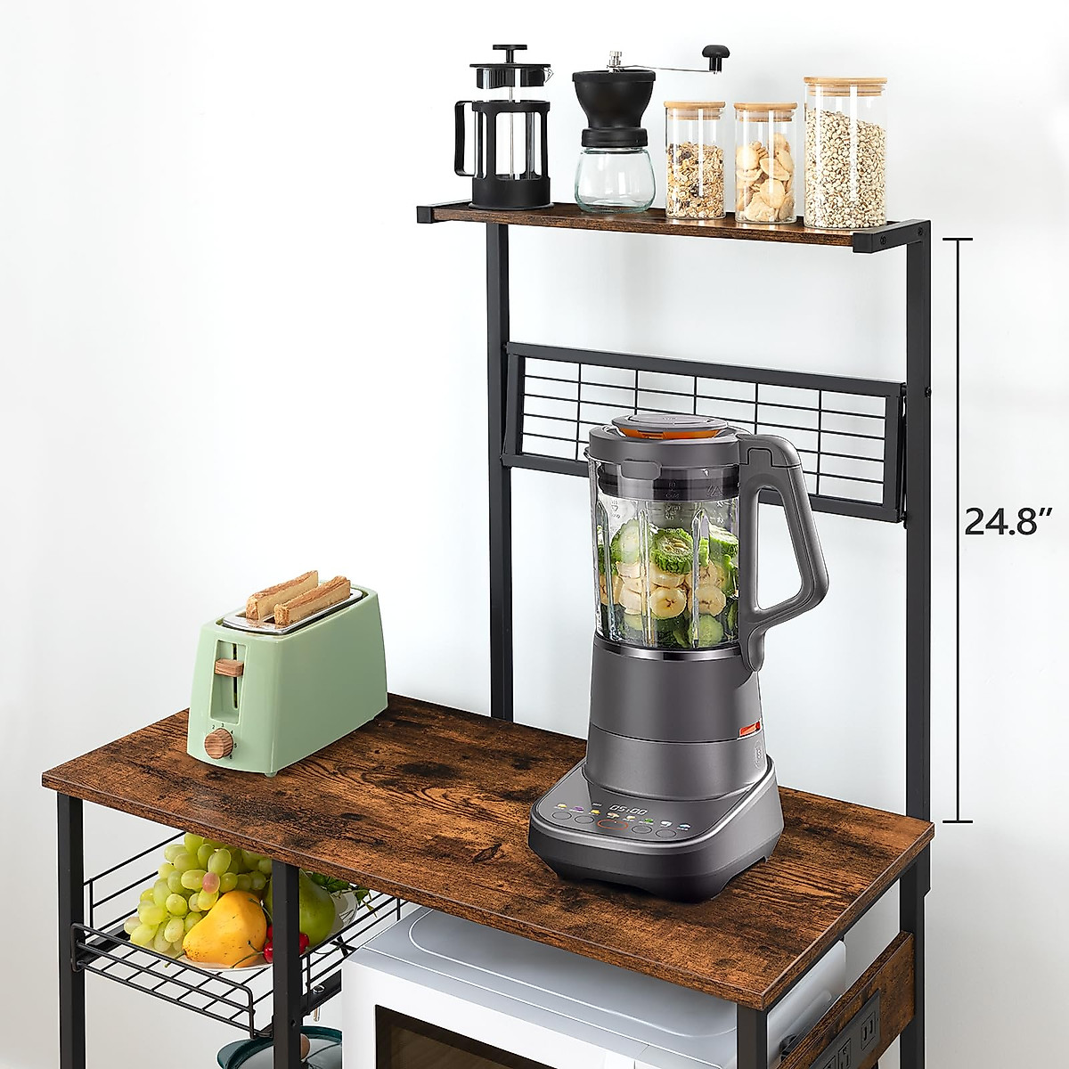 MAHANCRIS Bakers Rack with Power Outlet, Microwave Stand, Industrial Coffee Bar with Wire Basket, Kitchen Storage Rack with 6 S-Shaped Hooks, for Spices, Pots and Pans, Rustic Brown BRHR90E01Z