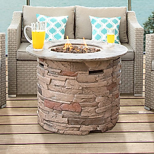 SUNBURY Outdoor Fire Pit Propane Round Fire Pit Table Fire Column, Stonecrest 40,000 BTU Gas Fire Pits for Outside w Lava Rocks, Waterproof Cover