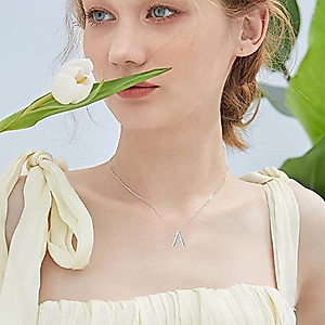 Natural Diamond Initial Necklace 14K White Gold Plated A-Z Letter R Alphabet Pendant 925 Sterling Silver Jewelry Gift for Women Wife Mom Girl (R)