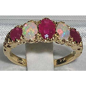 LetsBuyGold 14k Yellow Gold Natural Ruby and Opal Womens Band Ring - Size 4.75