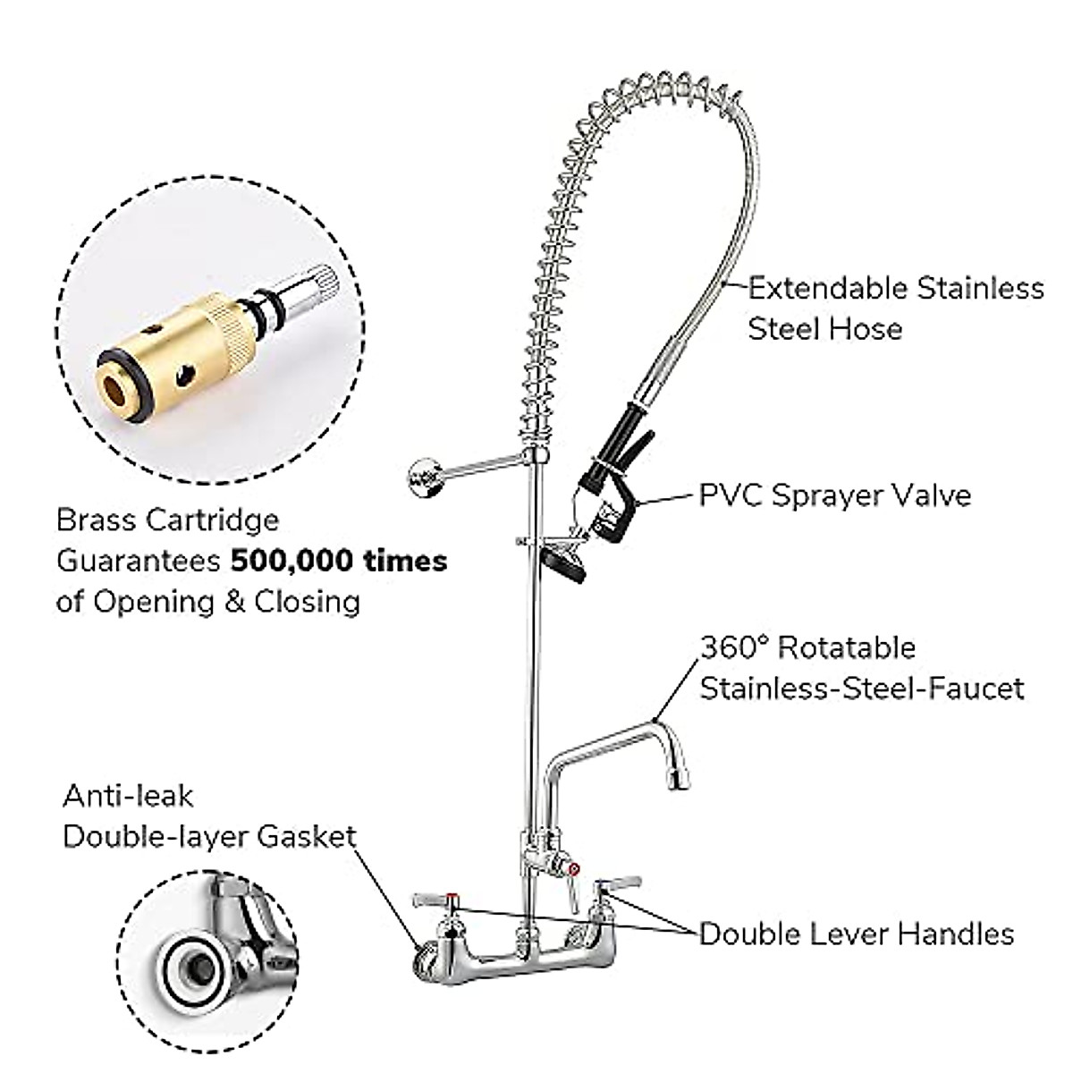 Aquaterior Upgraded Pre-Rinse Commercial Kitchen Faucet with Sprayer 44" Height Wall Mount Double Handle with Add-On 12" Rotatable Spout Pull Down for 2/3 Compartment Sink CUPC NSF CEC