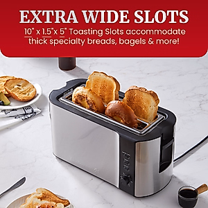 Elite Gourmet ECT-3100 Long Slot 4 Slice Toaster, Reheat, 6 Toast Settings, Defrost, Cancel Functions, Built-in Warming Rack, Extra Wide Slots for Bagels & Waffles, Stainless Steel & Black