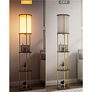 Floor Lamp with Big Shelves,3-Tier Golden Cylinder Shelf Floor Lamps with 3000K Warm Soft Brightness E26 LED Bulb (Included), Linen Shade Storage Wood Texture Modern Floor Lamp with Foot switch