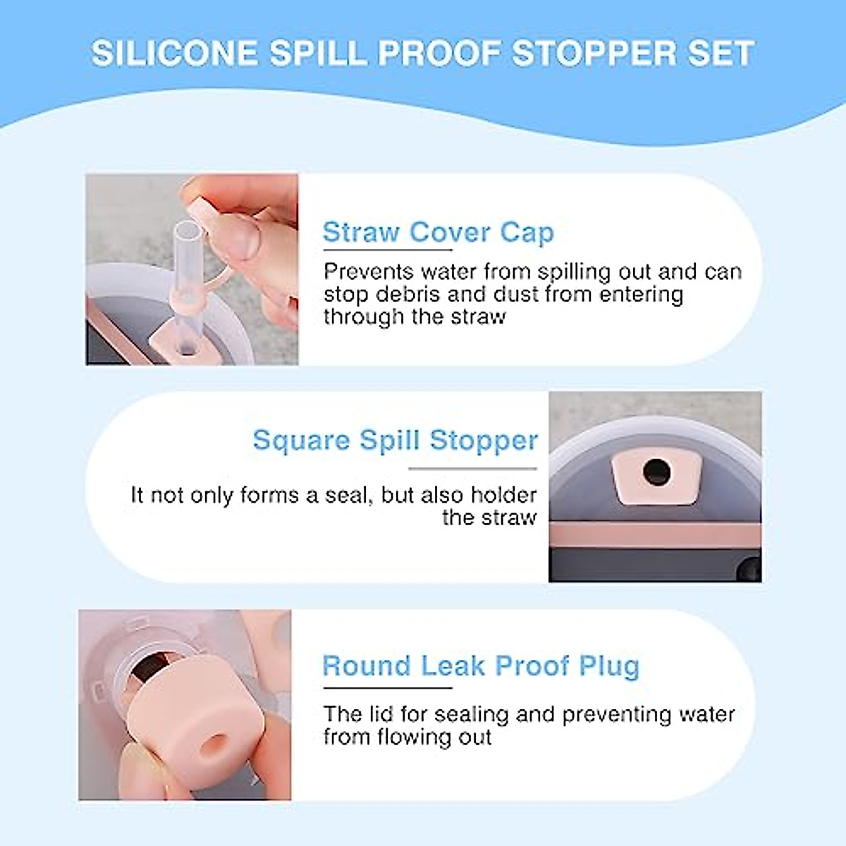 BGAANM Silicone Spill Proof Stopper Set Compatible with Stanley Quencher H2.0 FlowState Tumbler 40oz/ 30oz, Accessories Include 2 Straw Cover Cap, 2 Square Spill Stopper, 2 Round Leak Stopper (Pink)