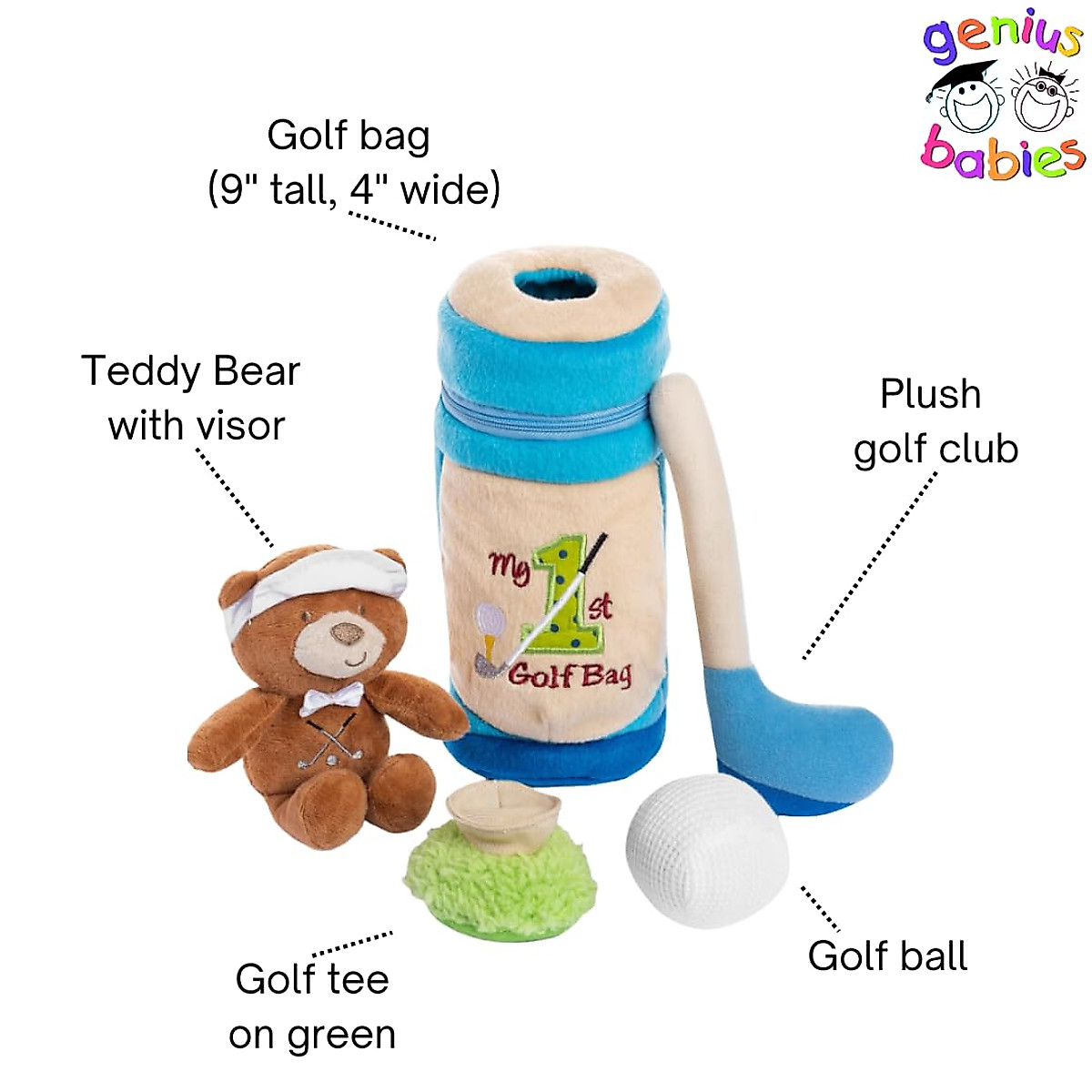 Genius Baby - 9" The Original Baby Golf Bag with Teddy Bear, Blue Bag Embroidered with 'My 1st Golf Bag', Lightweight, Perfect Size Golf Toy for Small Hands, Unique for Golf Baby