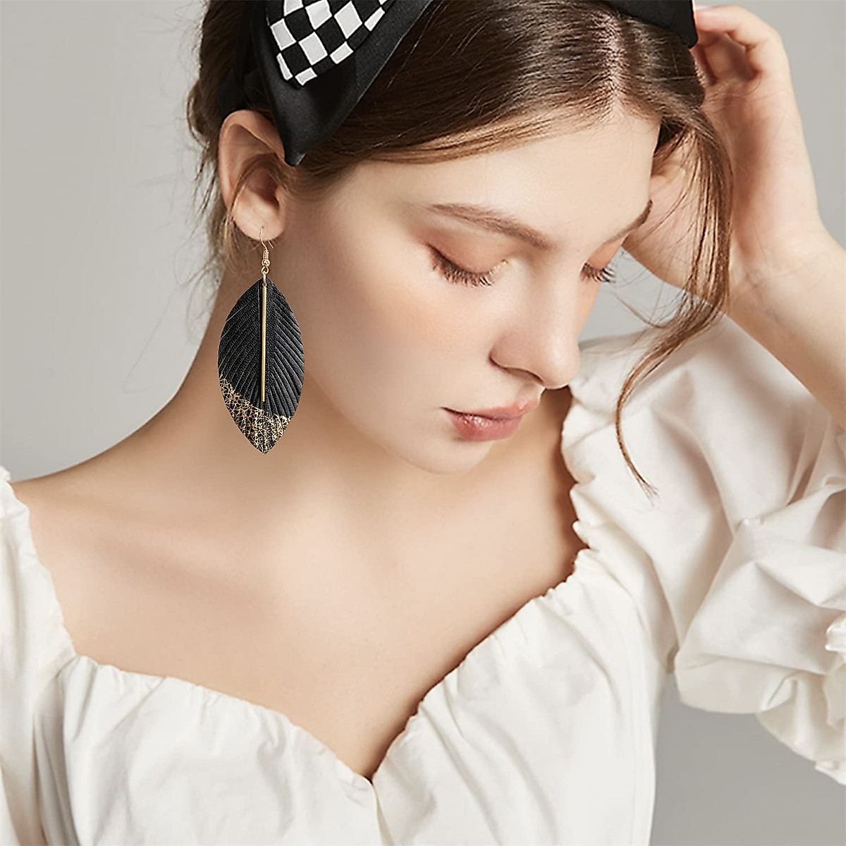 Handmade Bohemian Lightweight Soft Genuine Leather Feather Leaf Dangle Drop Earring Sparkle Real Leather Large Leaf Hook Earrings With Simple Drop Metal Bar for Women Statement Jewelry Gifts (Black Color)