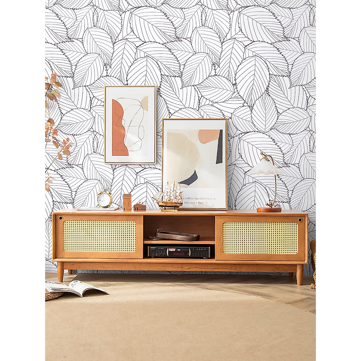 Kitico Gray Leaf Wallpaper 17.7''x197'' Modern Gray Leaf Peel and Stick Wallpaper Removable Self Adhesive Wallpaper White and Gray Leaves Contact Paper forBedroom Home Decoration