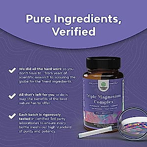 Triple Magnesium Complex Supplement 400mg Elemental - High Absorption Magnesium Taurate and Glycinate Plus Malate Magnesium Blend for Sleep Muscle Bone Mood and More - Non GMO Vegan Magnesium 400 mg