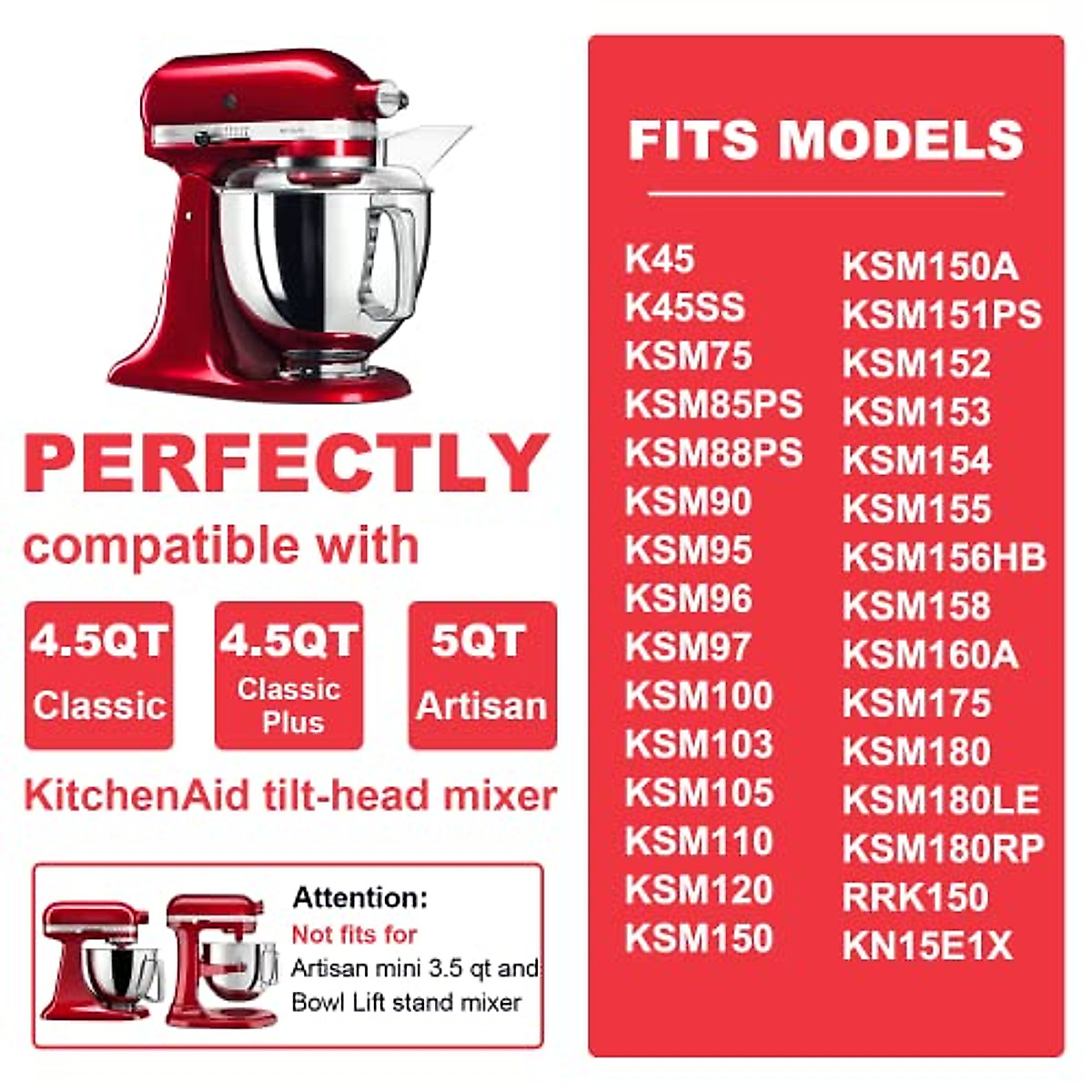 5 Quart Stainless Steel Mixer Bowl for KitchenAid Classic&Artisan 4.5-5 QT Tilt-Head Mixer, Fits for K45SS, KSM70, KSM90 KSM150, KSM155, KSM165, Polished Surface, Dishwasher Safe