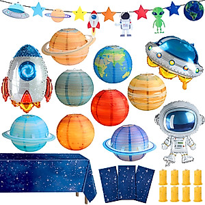 Sotiff 24 Pcs Space Party Decorations Includes Planet Paper Lanterns with LED lights Plastic Space Tablecloth Space Garland Astronaut UFO Rocket Balloon for Space Solar System Theme Parties Birthday