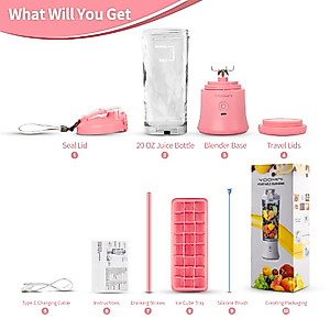 Portable Blender, Personal Blender for Shakes and Smoothies - USB Rechargeable 20oz Mini Blender with 6 Blades and ToGo Cup for Sports Travel Gym