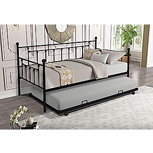 Daybed with Trundle Bed for Kids Teens Adults,Metal Twin Size Daybed with Pullout Trundle for Window Living Room, No Box Spring Needed (Black)