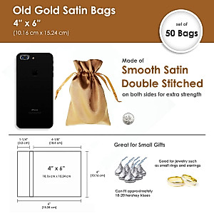Knitial 4" x 6" Old Gold Satin Gift Bags, Jewelry Bags, Wedding Favor Drawstring Bags Baby Shower Christmas Gift Bags 50 per Pack