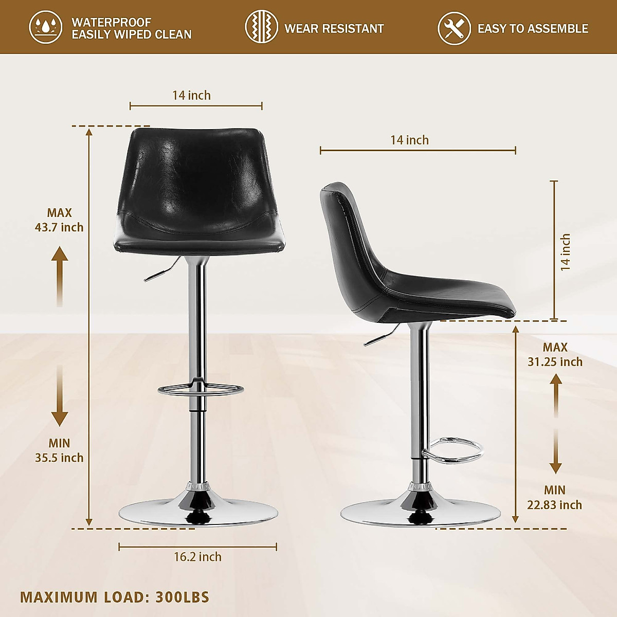 VATROS Bar Stools Set of 2, Adjustable Bar Stools with Back and Footrest, PU Leather Upholstered Swivel Counter Height Bar Stools for Home Kitchen Island-Black