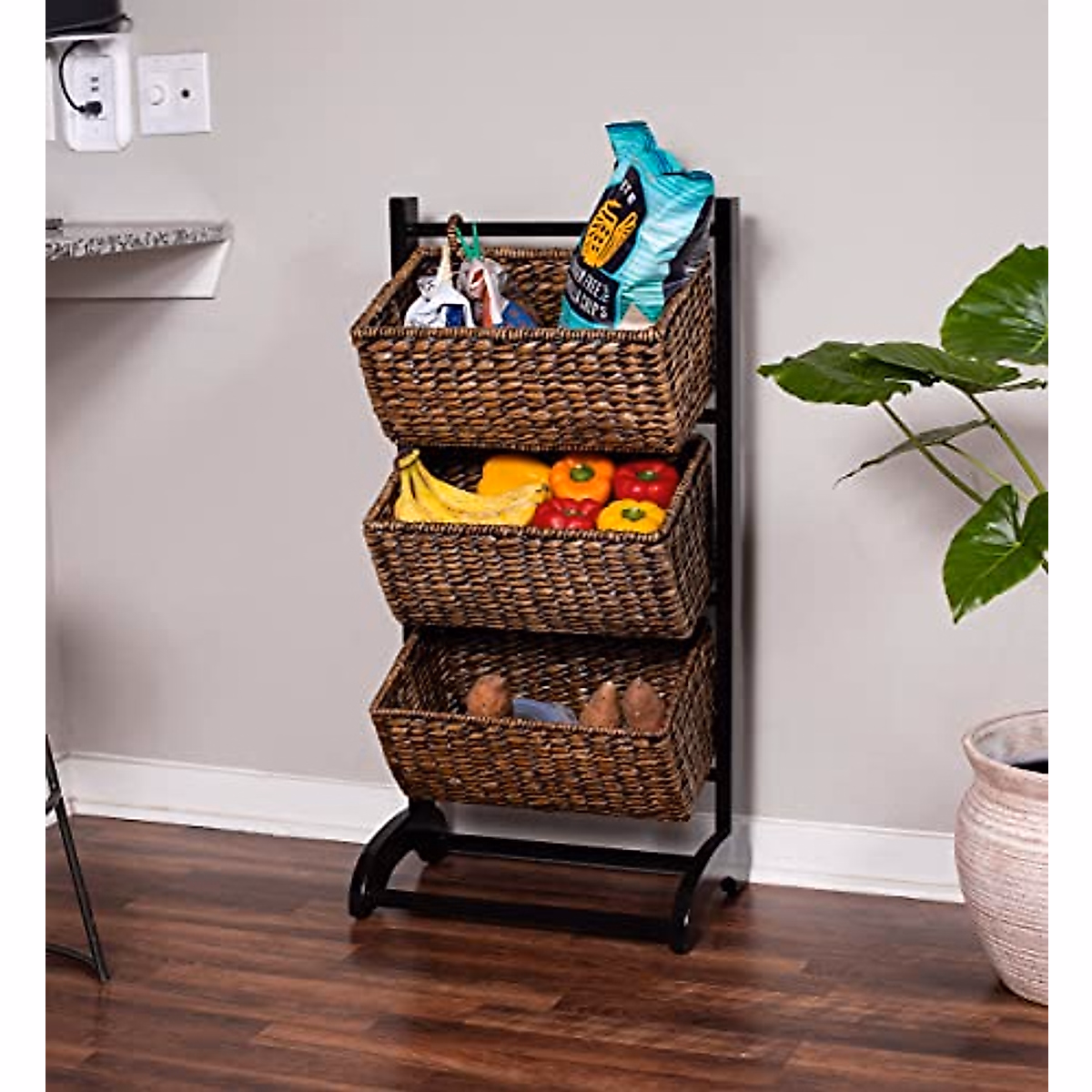 BIRDROCK HOME 3-Tier Abaca Storage Organizer Shelf - Espresso - Extremely Durable Abaca Fiber - Solid Wood Frame - 3 Baskets - Great Cubby for Storage (Brown Wash)