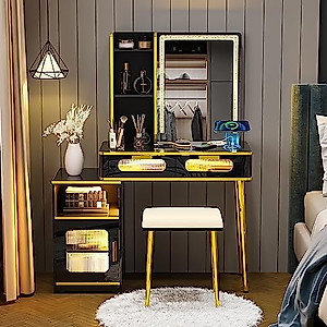 HNEBC Vanity Desk with Mirror and Lights,White Vanity Set with USB&Type-C&Wireless Charging,Makeup Vanity with Drawers/Stool, Voice Control Switch Vanity Makeup Desk for Bedroom&Dressing Room,Black