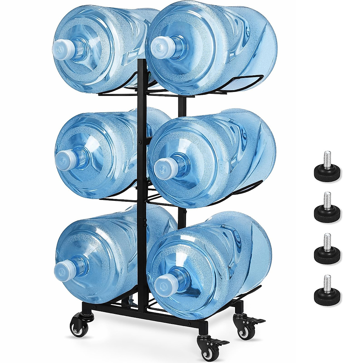5 Gallon Water Bottle Holder with 4 Wheels, Heavy Duty Foldable Water Jug Stand 3-Tier Movable 5 Gallon Water Jug Holder Water Dispenser Rack for 6 Bottles, Black