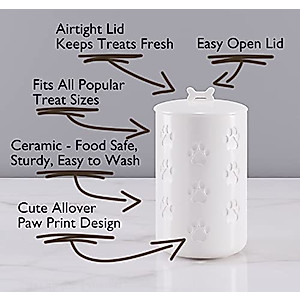 Dog Treat Container Airtight - 5" Round x 9" Tall Ceramic Dog Treat Jar with Lid - White Dog Treat Canister - Large Dog Cookie Jar for Dogs - Pet Treat Container Airtight - Dog Treat Jars for Pets