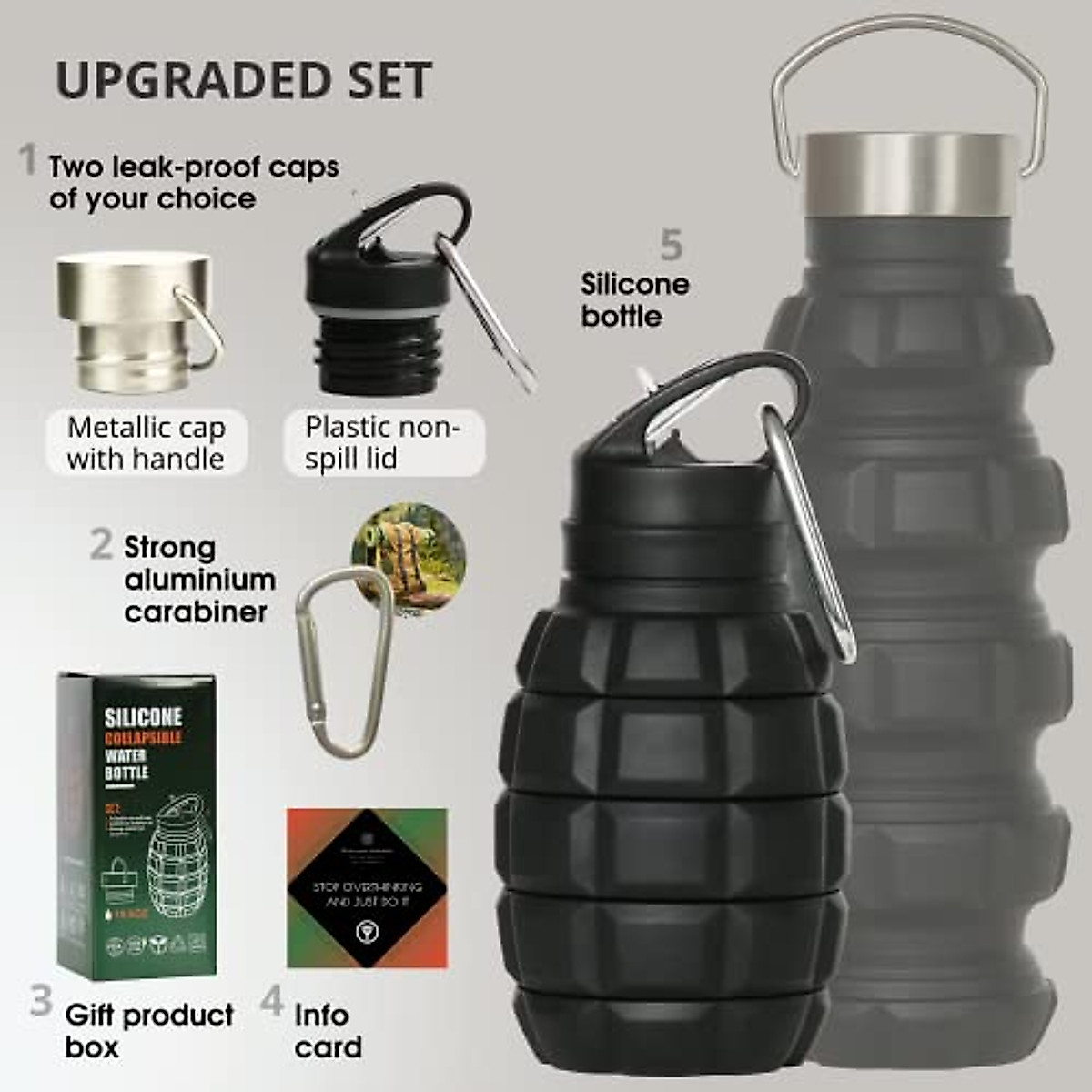 Collapsible Water Bottle 19.6oz - Gift Box, 2 Lids, Carabiner - Leak Proof Water Bottles for Veteran's Day - Reusable Water Bottles with Military Style - Travel Water Bottles - Gifts for Men (Black)