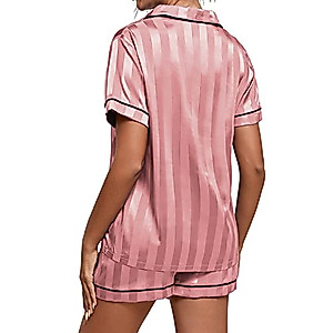 Umenlele Women's Silky Satin Striped Pajamas Short Sleeve Top with Shorts Sleepwear PJ Set Pink Small