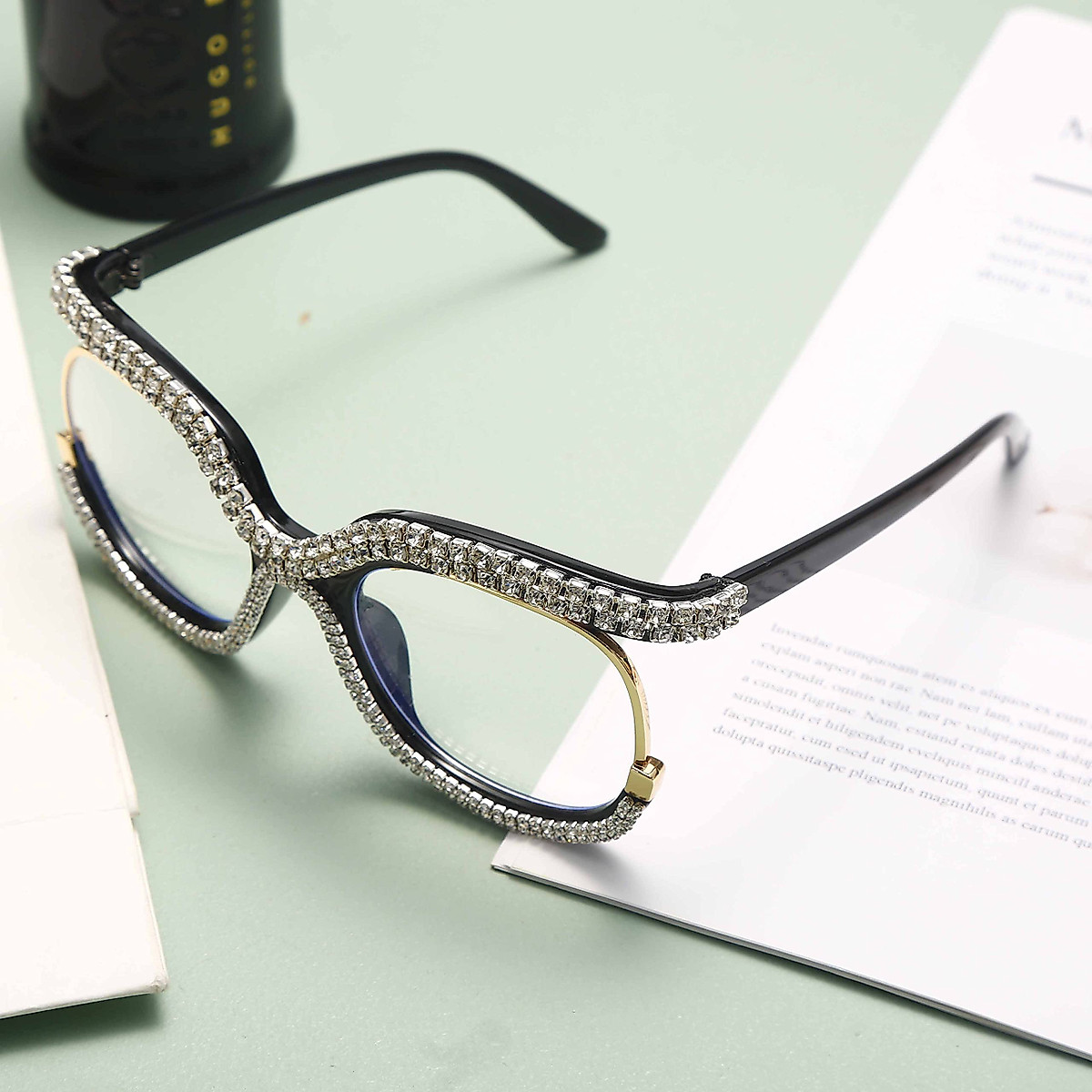 Rmerom Blue Light Blocking Oversized Glasses Stylish Fake Round Eyeglasses for Women UV400 Protection Eyewear GVA9051 (Black/Anti-blue W/Diamon)