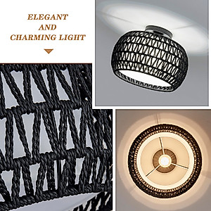 Rattan Ceiling Light Fixtures, Hand-woven Boho Flush Mount Ceiling Light, Handmade Rattan Light Fixtures Ceiling Mount with Fabric Shade, Farmhouse Light Fixture for Bedroom Hallway Entryway (Black)