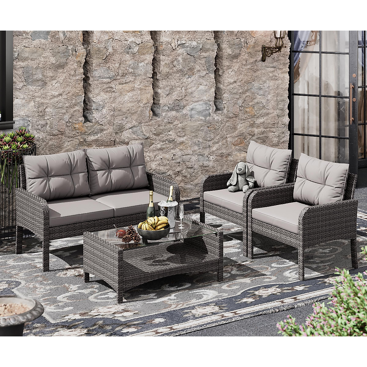 LHBcraft 4-Piece Patio Furniture Set Outdoor Rattan Wicker Sofa Set with Cushions & Coffee Table, Conversation Sofa Set with Tempered Glass Table Top and Storage Shelf (Grey-Grey) (OT008)