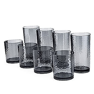KX-WARE 14-ounce and 20-ounce Acrylic Glasses Plastic Tumbler, set of 8 Smoky Grey - Hammered Style, Dishwasher Safe, BPA Free