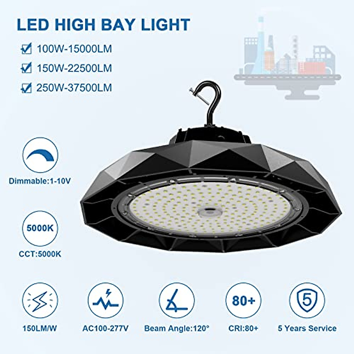 HONMY LED High Bay Light 100W 1-10V Dimmable 5000K 15000LM IP65 Waterproof UFO Commercial Bay Lighting with 5ft US Cable Plug for Warehouse Workshop Garage Factory Lights Fixture