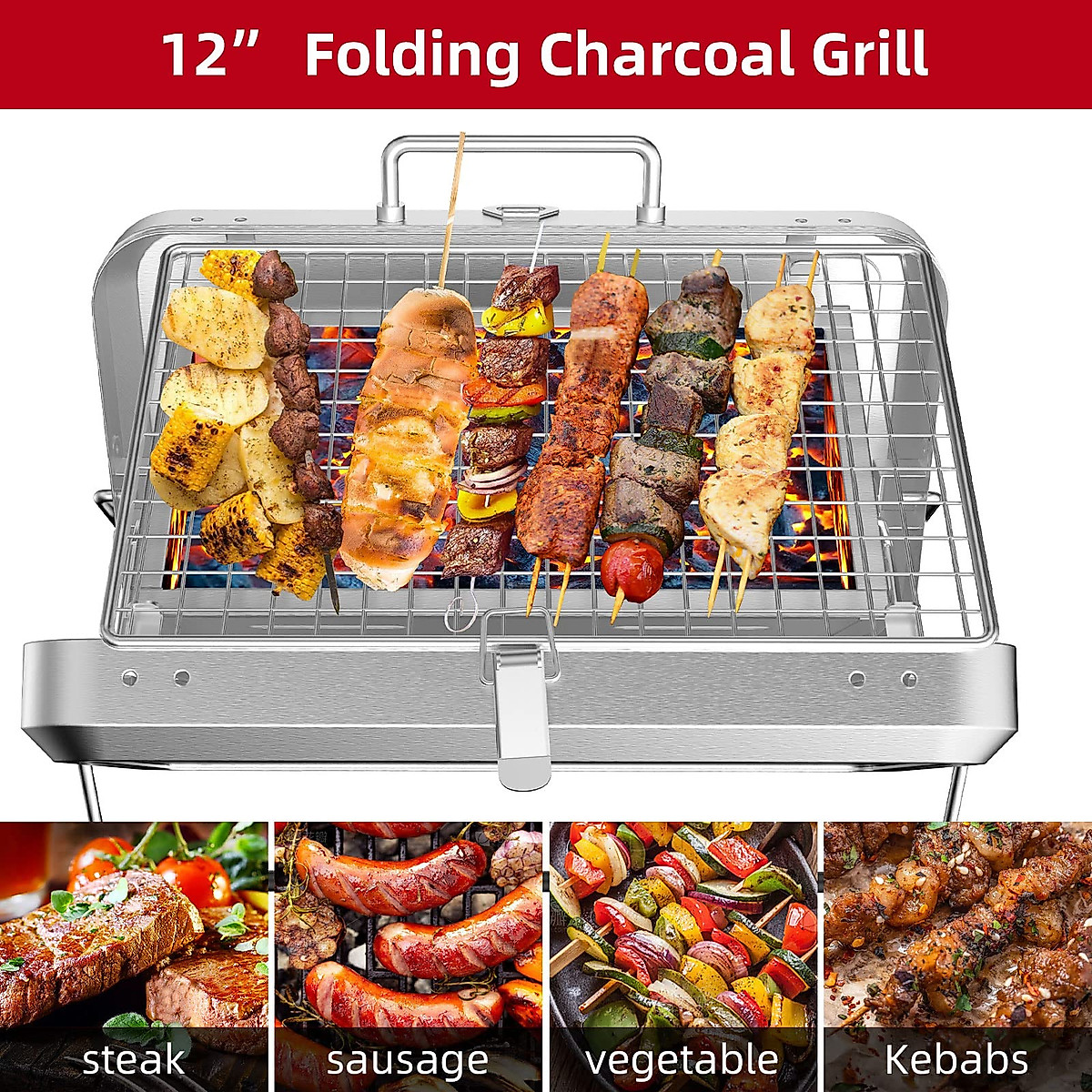 COWEKAI Mini Charcoal Grill, Portable Backpack Stainless Steel BBQ Grill, Table Top Collapsible Barbecue Grill for Small Patio and Backyard, Foldable Outdoor Accessories for Camping, Picnic, Beach