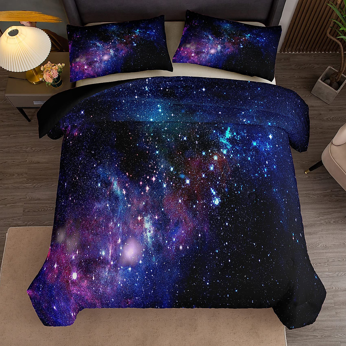 Tailor Shop Galaxy Comforter Set Universe Outer Space Blue and Purple Starry Sky Night Pattern Bedding Set for Girls Boys Kids Full Size with 1 Comforter 2 Pillowcases……