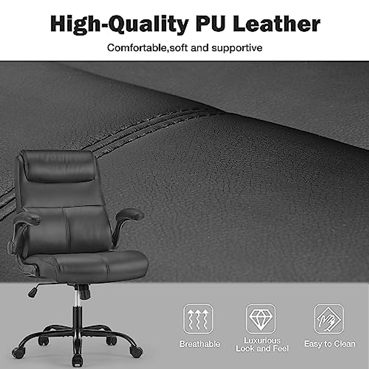 OLIXIS Home Office Desk Chair with Flip-up Armrest and Ergonomic PU Leather Mid Back Lumbar Support 360° Swivel Wheels for Adult, Black