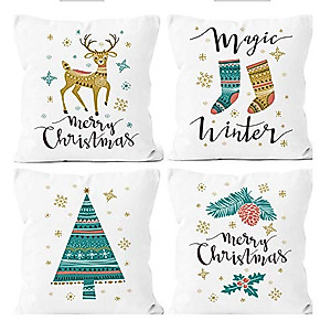 Scceatti Christmas Throw Pillow Covers 4 Pack 18x18 in Cotton Farmhouse Pillow Cover with Zipper Deer Reindeer Aesthetic Theme Fashion Pillow Cases Protector for Couch Bed Living Room Decor Gifts