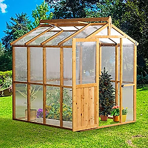Aoodor 81” (L) x 93”(W) x 98”(H) Outdoor Walk-in Greenhouse, Plant Gardening Polycarbonate Green House with Roof Vent and Fir Frame for Backyard Garden