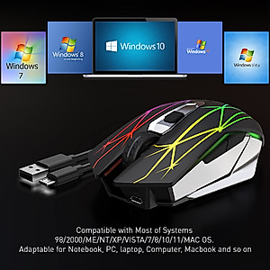 RIIKUNTEK Wireless Gaming Mouse, Computer Mouse Rechargeable with 3 Adjustable DPI, Silent Click, USB Receiver, LED Lights, 2.4GHz Portable Ergonomic RGB Optical Gamer Mice Mouse for Laptop PC Black