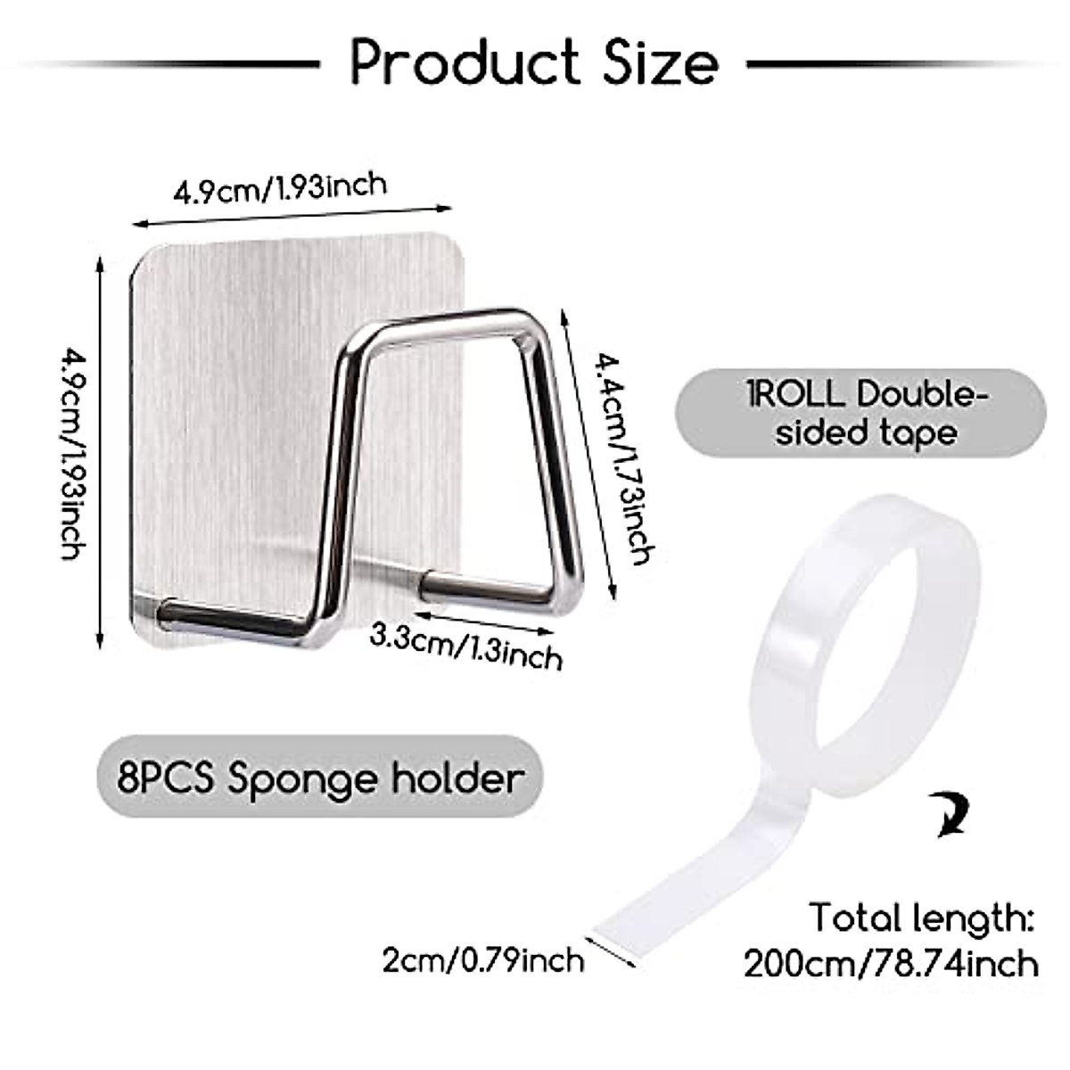 8 Pack Sponge Holder for Kitchen Sink Caddy with 1 Roll Double-sided tape Stainless Steel Strong Adhesion Strength Not Easy Shedding Rust Proof Waterproof Kitchen Sink Sponge Holder