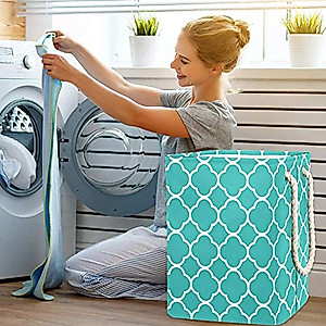 AISSO Large Laundry Hamper Basket Waterproof Dirty Cloth Storage Bins with Handle for Bedroom Laundry Room Bathroom Quatrefoil Pattern Teal Green Seamless Design