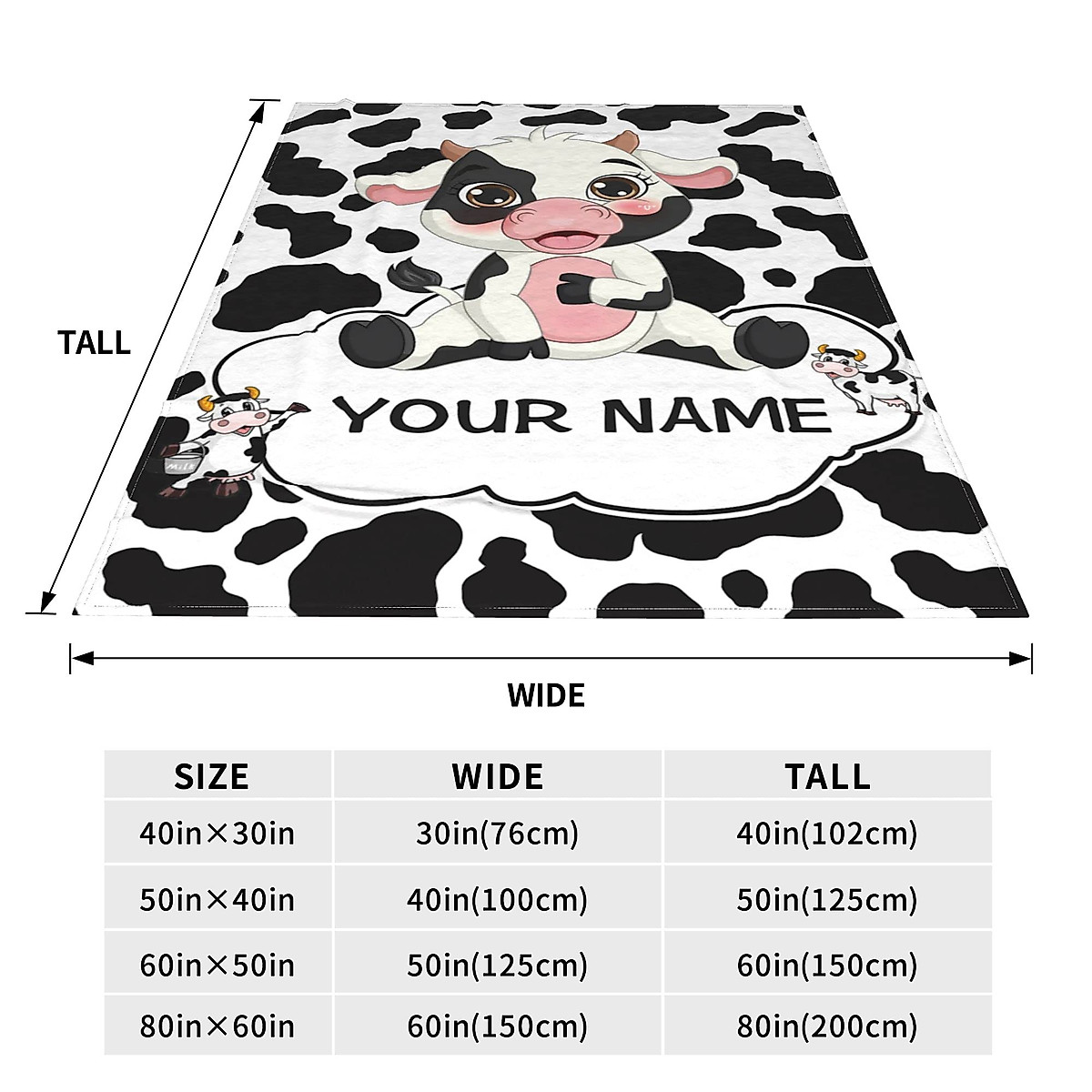 BLYIUKR Personalized Cow Print Blanket for Baby Kids with Name, Custom Cow Print Stuff Bedding Decor Sofa Cow Throw Blankets for Girls Boys Daughter Christmas Birthday Gifts