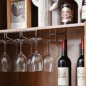 WITANHURST Mini Home Bar Cabinet with Wine Glass Storage, Bamboo Wine Cabinet Bar Furniture Wine Storage Racks Shelf Bottles Holder Organizer, Wine Glass Rack Holds 6 Stemmed Wine Glasses