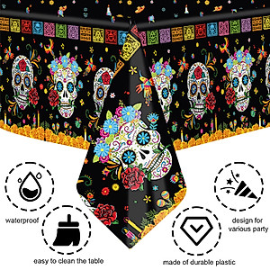 MEHOFOND 3 Pcs Day of The Dead Plastic Tablecloth, Dia De Los Muertos Disposable Table Cover for Halloween, Mexican Skull Floral Fiesta Party Decorations, Day of The Dead Party Supplies
