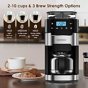 HOMOKUS 10-Cup Coffee Maker with Grinder, Touch Screen, Automatic Brew, Warming Plate, 1.5L Water Tank, Removable Filter - For Home and Office