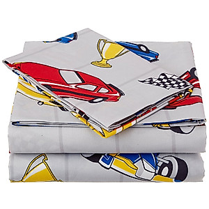 Linen Plus Sheet Set for Boys/Teens Race Cars Flags Champion Grey Yellow Red Blue Black White Flat Sheet Fitted Sheet and Pillow Case Twin Size New