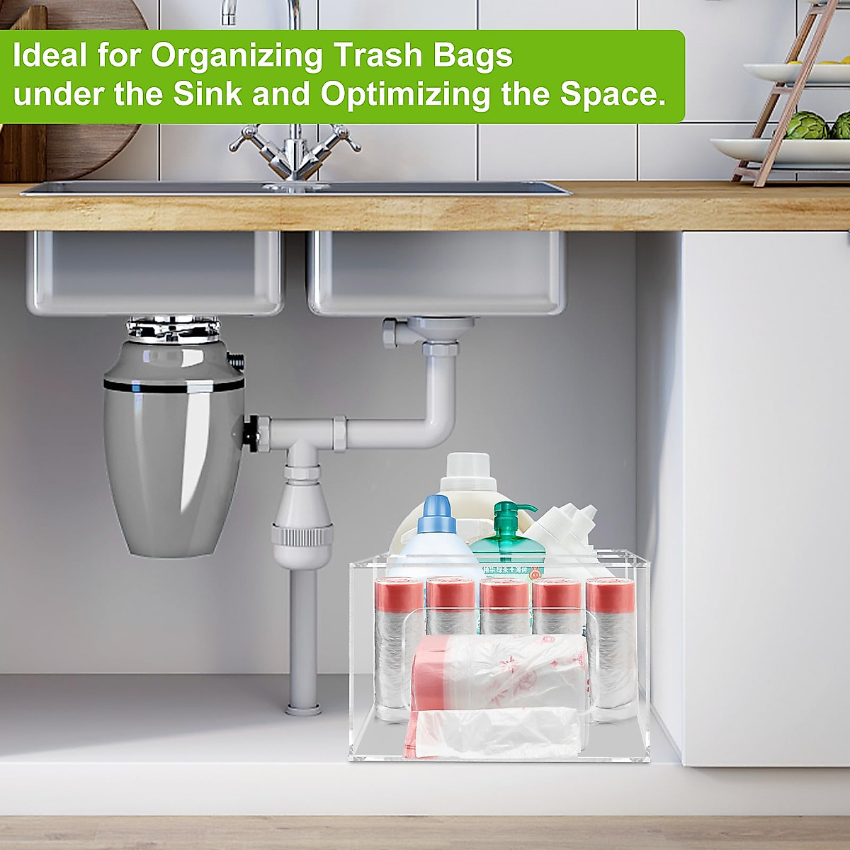 JYPS 2 in 1 Extra Large Trash Bag Holder, Acrylic Under Sink Trash Bag Organizer for 13 30 33 Gallon Garbage Bag, Trash Bag Dispener for Kitchen Laundry Room Organization and Storage